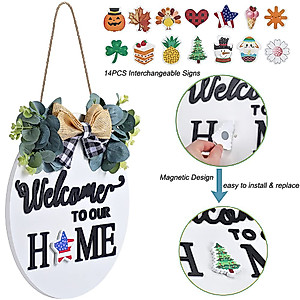 Seasonal Interchangeable Welcome Sign for Front Door Decor, Welcome to Our Home Sign with Holiday Pieces for Farmhouse Front Porch Decor and Housewarming Gift(White)