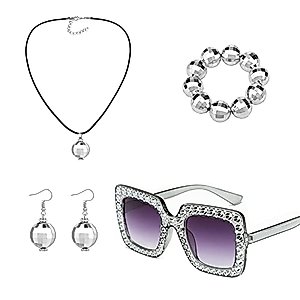 4 Pieces 1970s Disco Accessories Disco Set Disco Costume Accessories Disco Ball Earrings Disco Ball Necklace Disco Ball Bracelet Rock Disco Sunglasses 70s Disco Outfits for Women and Girls