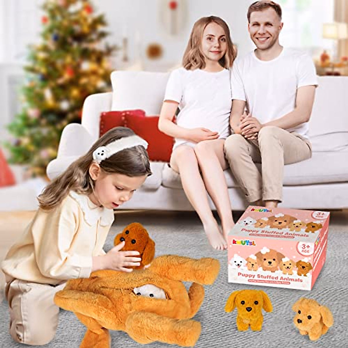 KMUYSL Puppy Stuffed Animals Toys for Ages 3 4 5 6 7 8+ Years Old Kids - Mommy Dog with 4 Baby Puppies in Her Tummy, Idea Xmas Birthday Gifts for Baby, Toddler, Girls, Boys