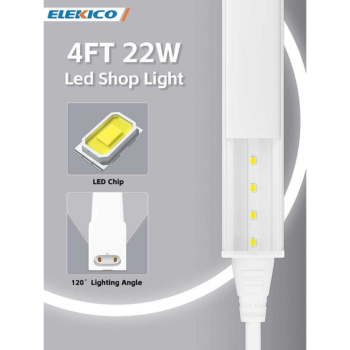 ELEKICO 4FT Led Shop Light, 22w 2500lm 6500k Linkable 4 ft Led Lights with Plug On/Off Power Cord, T5 Garage Lighting Fixture,4 Foot Ceiling and Under Cabinet Light for Garage Workshop 6 Pack