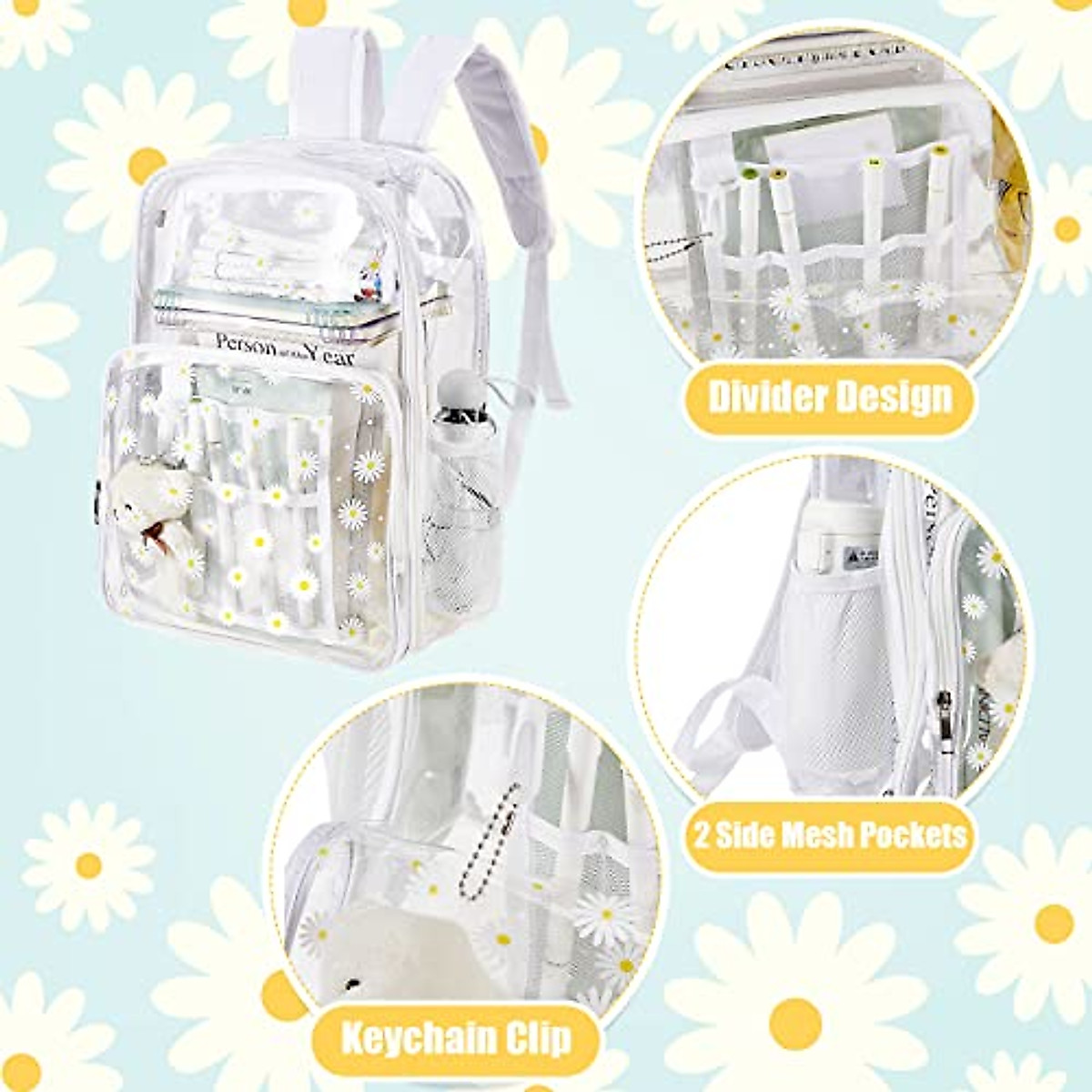 Eccliy Clear Backpack Stadium Approved Backpack 3 School Backpack for Girls Boys Christmas Clear (White, Daisy)