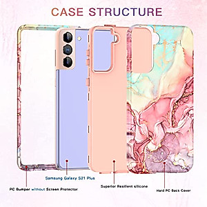 Galaxy S21 Plus Case: Marble Pattern 3-in-1 Heavy Duty Shockproof with Rugged Hard PC & Soft Silicone, Rose Gold