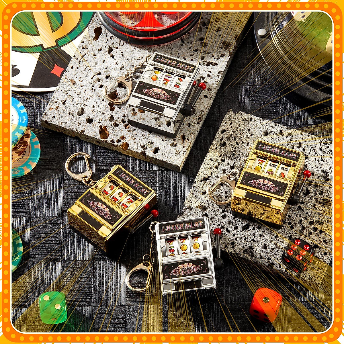 Panelee 8 Pcs Slot Machine Keychain Mini Casino Key Chains Kawaii Keychain for Christmas Las Vegas Party Gifts (Gold,Silver)
