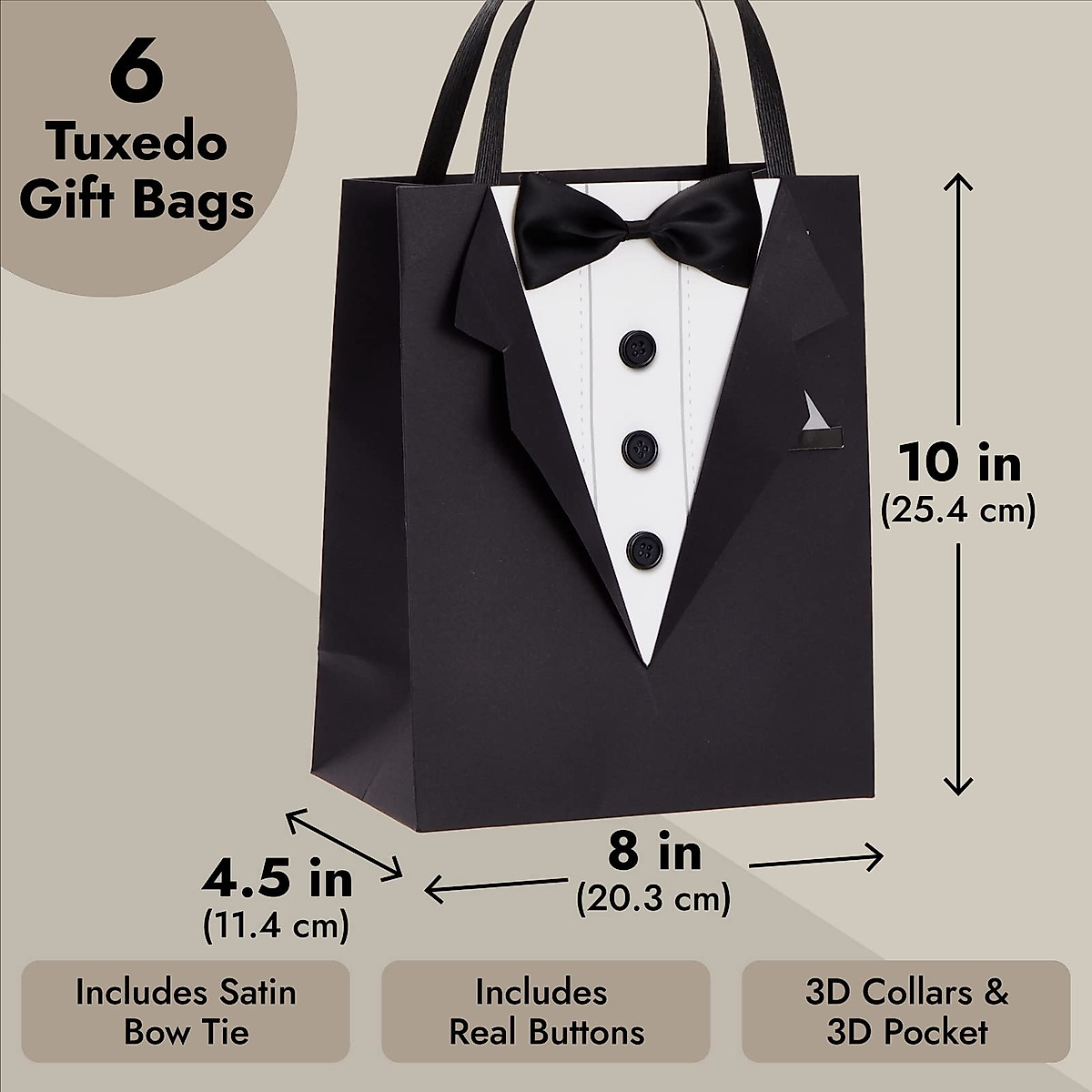 Tuxedo Gift Bag Set for Wedding Groomsman, Bachelor Party Favors (Black, 6 Pack)