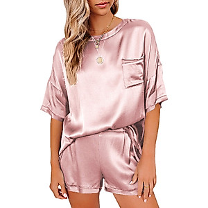 LYANER Women's Satin Silky Pajama Set Short Sleeve T-shirt With Shorts Set Pjs Loungewear Rosy Pink Medium