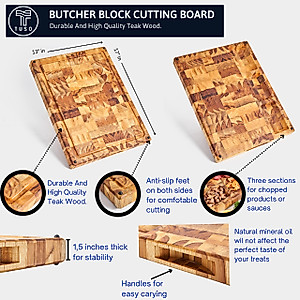 TUSO Butcher Block Cutting Board [17 x 13 x 1.5 inches ] End Grain Teak Wood Cutting Board - Reversible Multipurpose with Non-Slip Feet, Juice Groover, Sorting Compartments and Built-in Handles