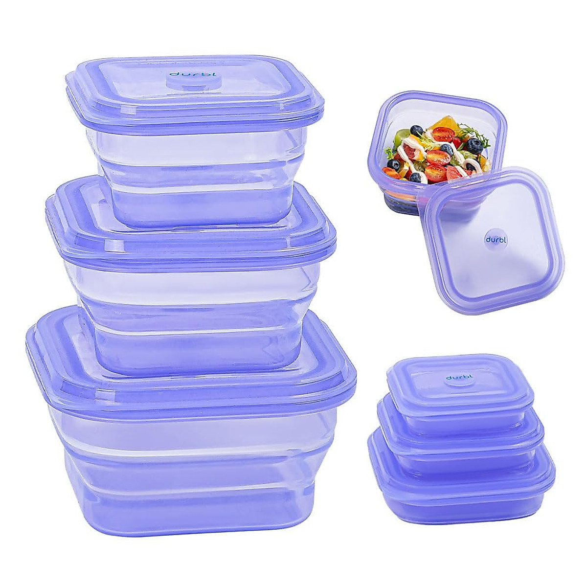 Durbl Collapsible Silicone Food Storage Containers with Silicone Airtight Lids-3 Pack (Violet), Reusable Stacking Lunch Boxes, Kitchen Stacking Container Set for Microwave Freezer Dishwasher Safe…