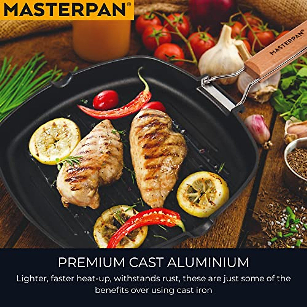 MasterPan Non-Stick Grill Pan with Folding Wooden Handle, 8", Black and Brown