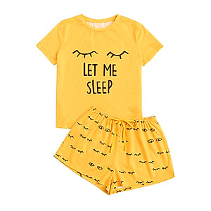 WDIRARA Women's Cute Cartoon Print Closed Eyes Print Tee and Shorts Pajama Set Yellow S