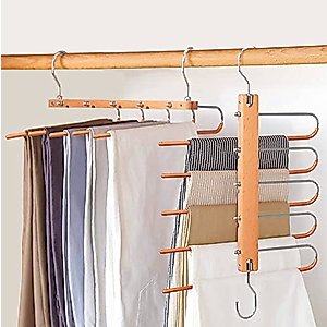 Wooden Pant Hanger - 5 Layers Space Saver - Trouser Hanger, Space-Saving 5-in-1 Trouser Hanger, Stainless Steel Extendible, Multi Hanger, Magic Hanger, Wardrobe Clothes Hanger Holder