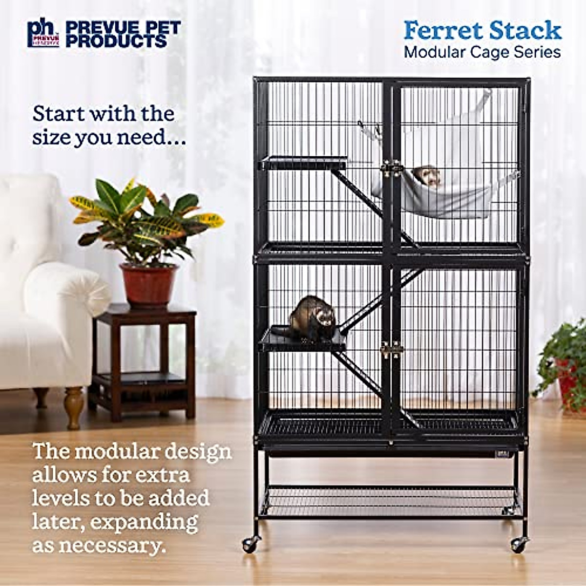 Prevue Pet Products Ferret Stack Two Story Ferret Home with Portable Stand, Escape Proof Lock, Hammock, Ramps, Expandable Add-On Cage Stacking System