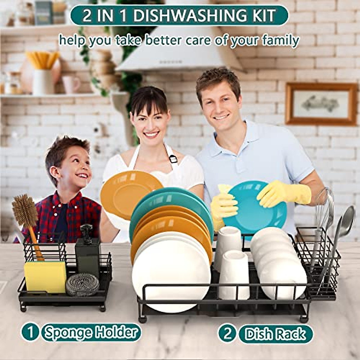 LKKL Dish Racks for Kitchen Counter- Rustproof Kitchen Dish Drying Rack with Drainboard,2 in 1 Small Dish Rack Drainer Set with Sponge Holder,Saving Space Dish Drainers for Kitchen Counter,Black