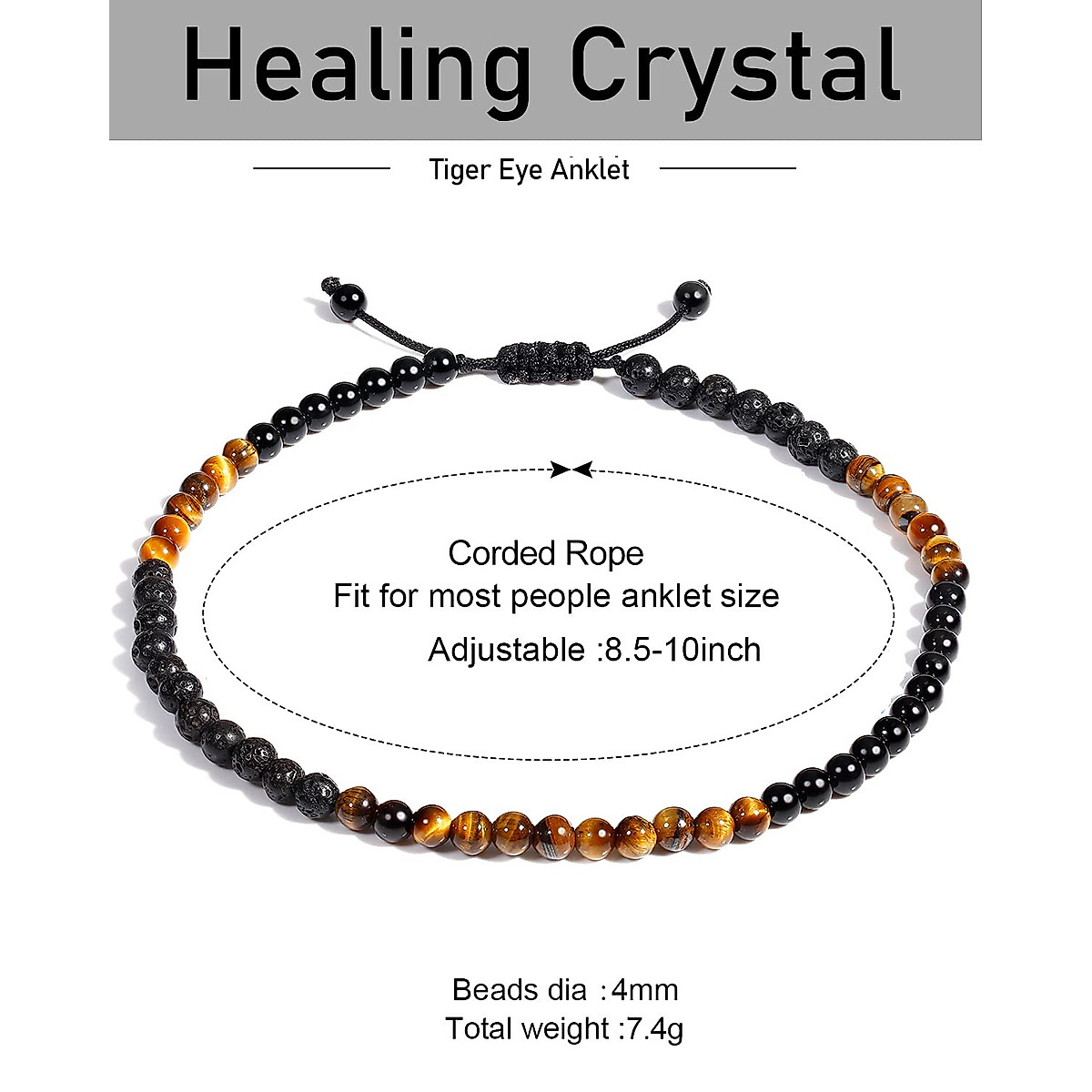 Jewever Anklet Bracelet For Women Healing Crystals Good Luck Gemstone Essential Oils Diffuser Jewelry (Tiger Eye/Lava Rock/Black Obsidian)