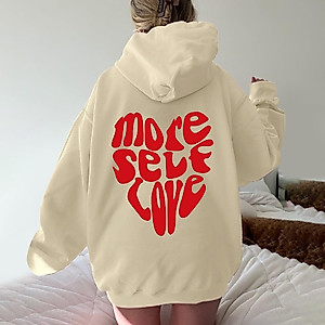 BLUBUKLKUN online shopping More Self Love Sweatshirt Hoodies for Women Long Sleeved Letter Printed Hoodie Hoodie Hoodie Womens (Beige, XXL)