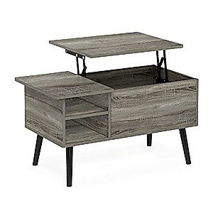 Furinno Jensen Living Room Wooden Leg Lift Top Coffee Table With Hidden Compartment and Side Open Storage Shelf, French Oak Grey