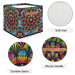 Mandala Floral Storage Basket Collapsible Fabric Storage Box 13x13x13 Inches Square Cube Storage Bins with Handles for Home Living Room Closet Shelf Office Bedroom