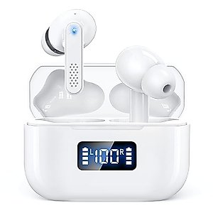 True Wireless Earbuds Bluetooth 5.3 Headphones with Charging Case, 48Hrs Playtime Stereo in-Ear Earphones Built-in Mic for iPhone Android Cell Phone HD Call, Lightweight White Ear Buds
