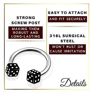 6Pcs Surgical Steel 16g 5/16 8mm medium sized horseshoe hoops Piercing Jewelry Septum Daith Cartilage Helix Eyebrow 3mm Dice M7513