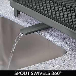 mDesign Large Metal Kitchen Countertop, Sink Dish Drying Rack - Removable Plastic Cutlery Tray, Drainboard with Adjustable Swivel Spout - 3 Pieces - Black/Charcoal Gray