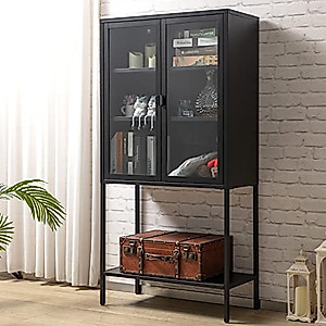 MATICO Metal Storage Cabinet, 59"(H) x30(L), Freestanding Pantry Locker, Accent Display Bookcase with Glass Doors, Modern Organizer Cupboard for Office, Living Room, Kitchen Console Sideboard, Black