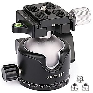 46mm Low Profile Tripod Head with 3 Screw Adapter 3/8 to 1/4 Professional Aluminium 360 Rotating Panoramic Ball Head Max Loading 44lbs/20kg