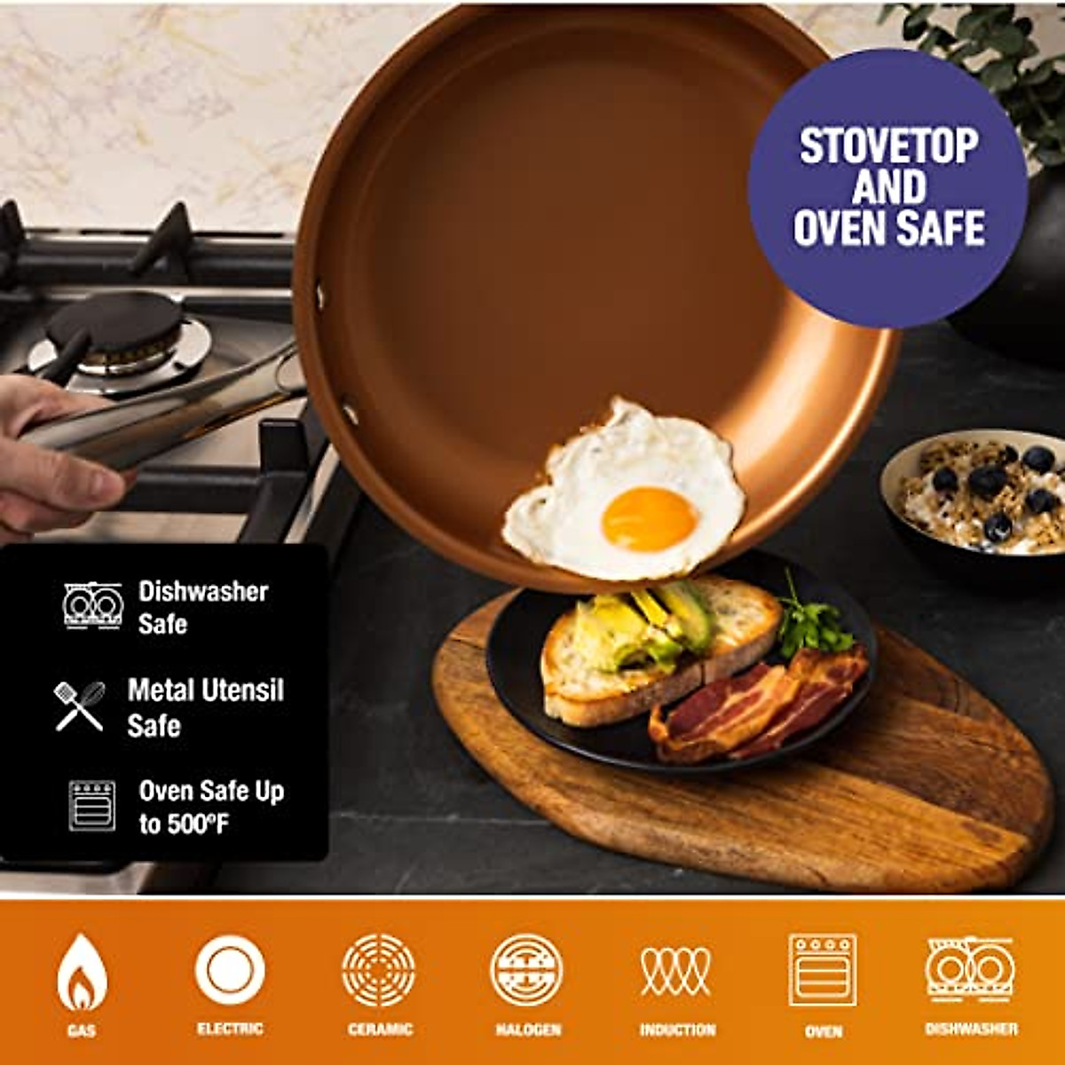 Gotham Steel Hard Anodized 8” 10” & 12” Premium Chef’s Skillet Set, with Ultimate Nonstick Ceramic & Titanium Coating, Oven and Dishwasher Safe, Brown, Large
