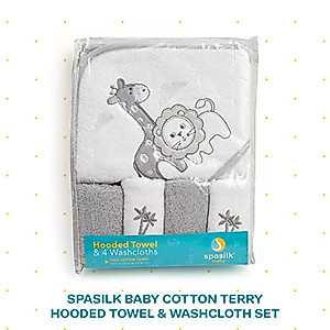 Spasilk Baby Cotton Terry Hooded Towel & Washcloth Bath Shower Set for Newborns and Infants, Gray Lion