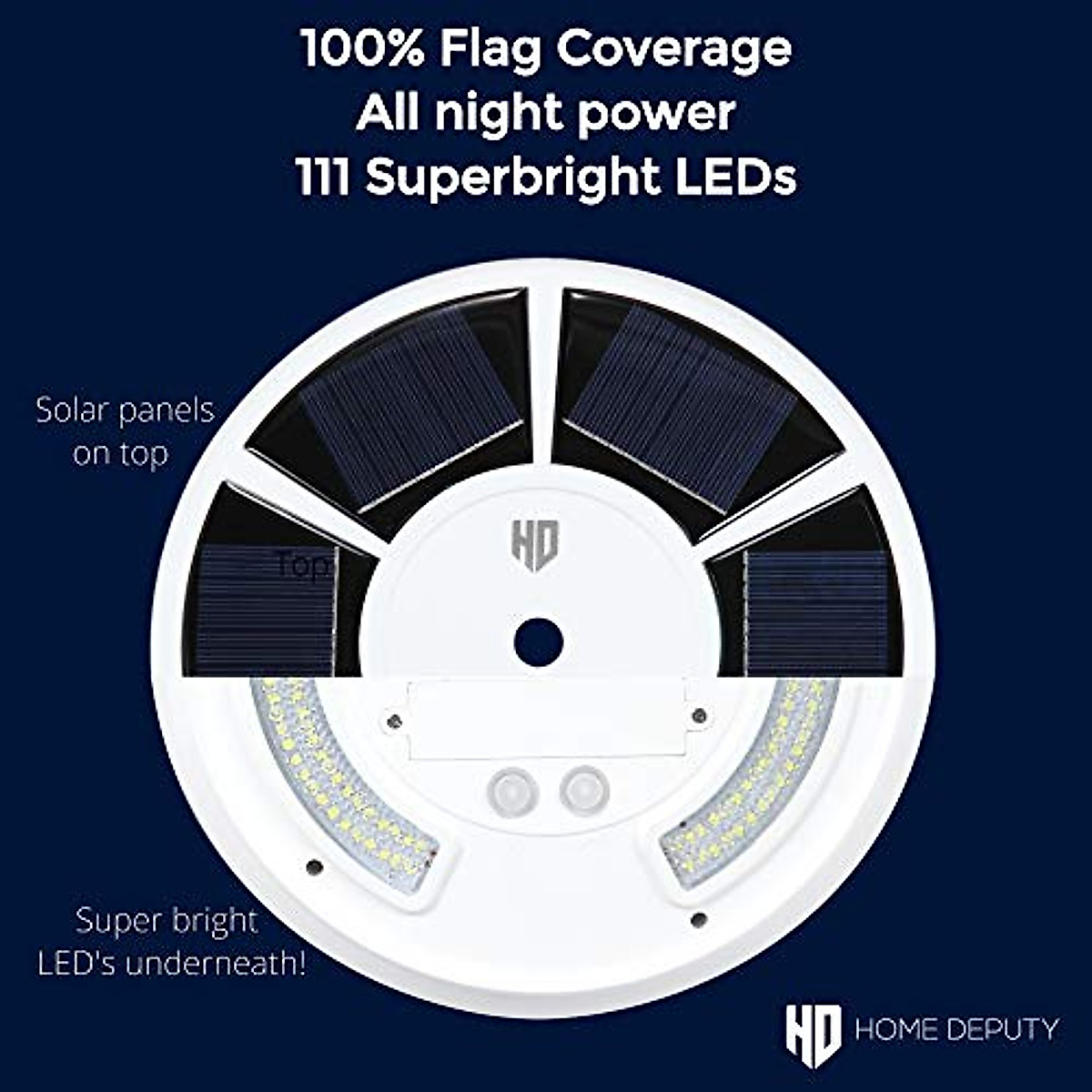 HOME DEPUTY Solar Flag Pole Light - Solar Flag Light - 111 led - Brightest Outdoor flagpole Light for Most in-ground flagpoles - Dusk to Dawn Lighting Power - Pole Topper - Rechargeable Battery