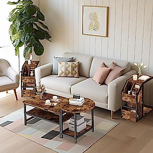 AWQM C Shaped End Table with Storage Compartment, Small Side Table for Couch, Living Room, Bedroom, Industrial Style Beside Table, Sofa Table, Snack Table, Bed Side Table