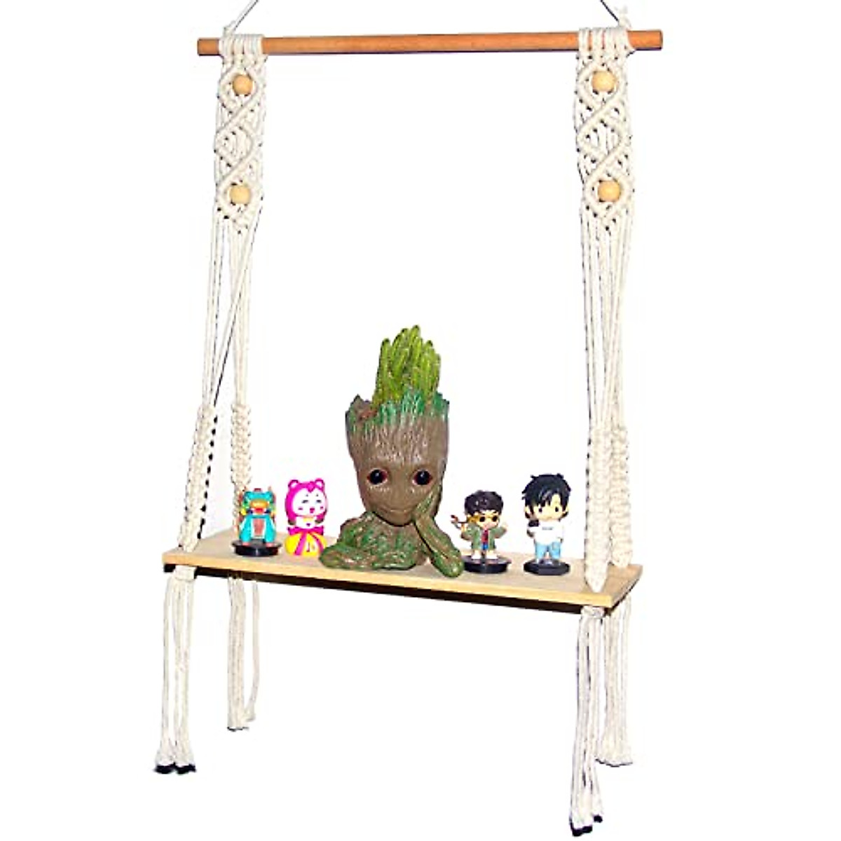 Axgo Macrame Hanging Shelves, Handmade Bohemian Woven Hanging Shelves Macrame Wall Hanging Shelf 16" x 6" Boho Wall Decor for Books Photos Collectibles Small Plants Perfumes