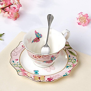 Krysclove Vintage Ceramic Teacup, Elegant Coffee Cup with Spoon and Saucer Set, Royal Bone China Tea Cups (Pink)