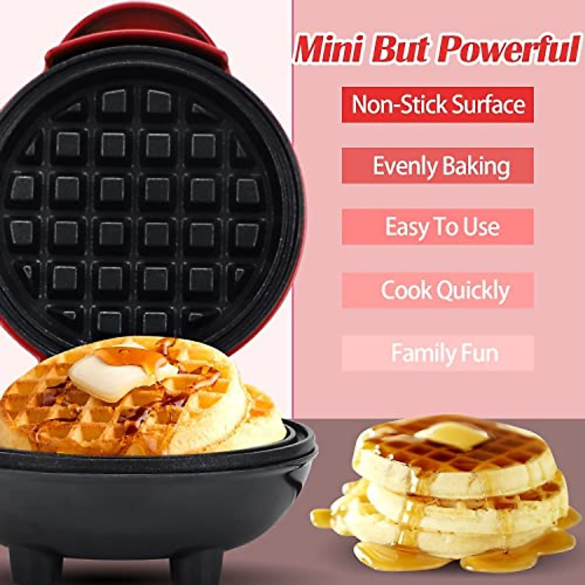 USEFUL PICKS Mini Waffles Maker for Individual, Easy to Clean, Non-Stick Surfaces, 5 Inch, Red
