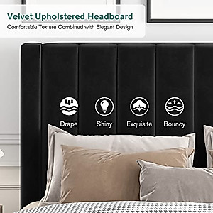 IMUsee Queen Size Velvet Upholstered Tufted Platform Bed Frame with headboard, Strong Wooden Slats, Box Spring Optional, Mattress Foundation, Easy Assembly, Black