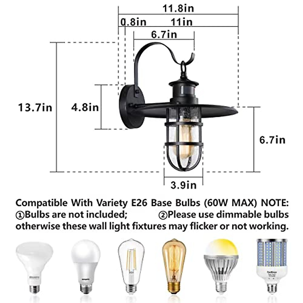 YLHogar Motion Sensor Dusk to Dawn Outdoor Wall Light Fixture Retro Black Wall Sconce,Waterproof Porch Light Wall Mount with Seeded Glass for Entryway Doorway Garden,Exterior E26 Patio Wall Lanterns