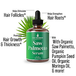 Saw Palmetto Serum for Hair Growth: Rosemary, Peppermint, Pumpkin Seed Oils. Vegan Thickening, Moisturizing, Strengthening Treatment for Women, Men - Weak, Dry, Frizzy Hair - 1oz