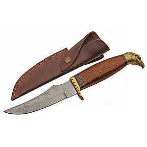 Brass Eagle Head Damascus Steel Blade Wood Handle 11 inch Hunting Knife