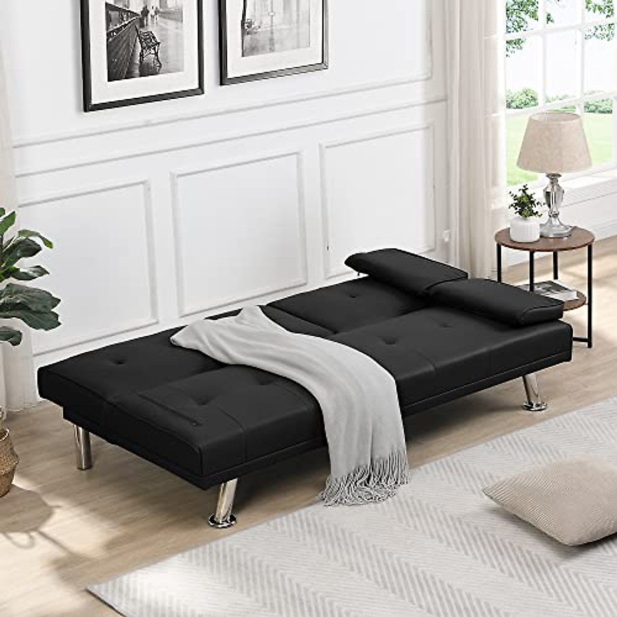 FULife Futon Sofa Convertible Sleeper Couch Bed Daybed Loveseat, Folding Recliner with 2 Cup Holders, Metal Legs, Removable Soft Pillow-Top Armrest for Living Room Small Place, Black PU Leather 66.1"w