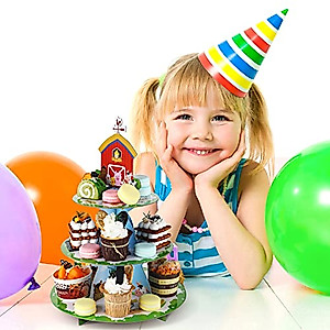 3 Tier Farm Animals Cupcake Stand Holder Farm Theme Birthday Party Supplies Spring Cupcake Tower Cardboard Display Decorations Rustic Dessert Cake Stand for Boy Girl Kids Baby Shower