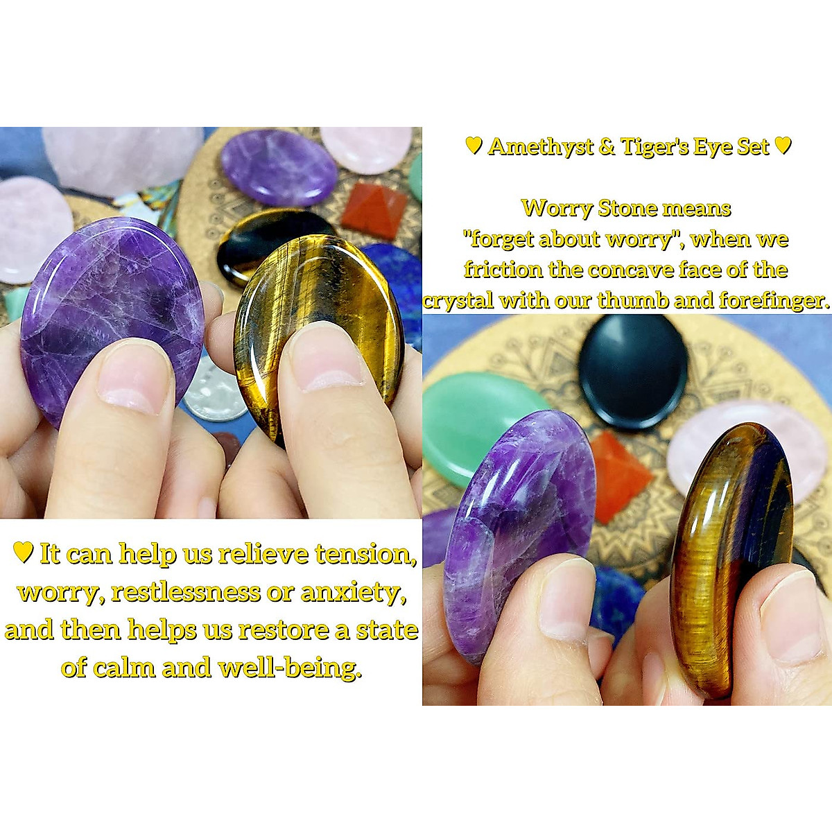 2PCS Worry Stone for Anxiety Tigers Eye Amethyst Healing Crystals Hand Carved Thumb Stones Pocket Gemstones Meditation Accessories Oval Crystal Natural Reiki Relax Palm Stone Anxiety Relief Items