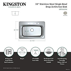 Kingston Brass Gourmetier GKTS332290 Studio Self Rimming Single Bowl Sink, 33-Inch L x 22-Inch W x 9-Inch H, Brushed Stainless Steel