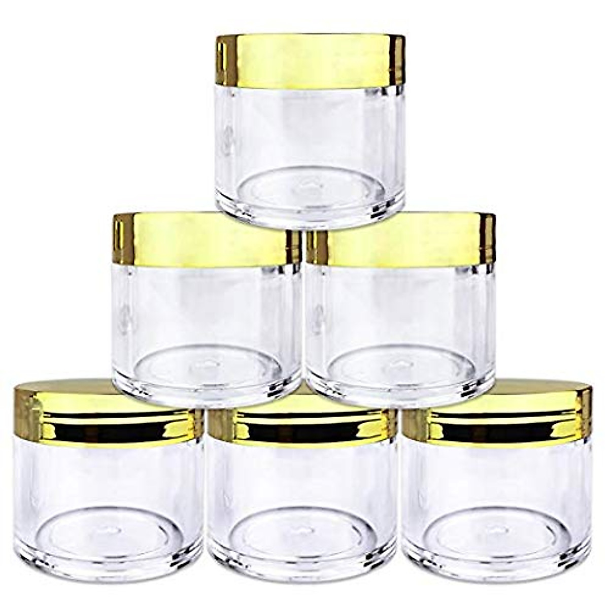 Beauticom 30g/30ml (1 fl. oz.) Double Wall Clear Plastic Leak Proof Jars with Flat Top Lids for Creams, Lotions, Make Up, Powders, Glitters, and more... (Color: Metallic Gold, Pieces: 12)