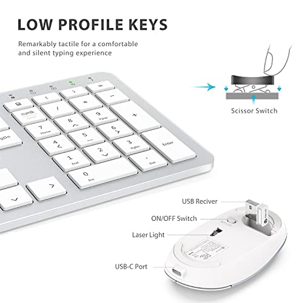 iClever GK08 Wireless Keyboard and Mouse - Rechargeable, Ergonomic, Quiet, Full Size Design with Number Pad, 2.4G Stable Connection Slim Mac Keyboard and Mouse for Windows Mac OS Computer