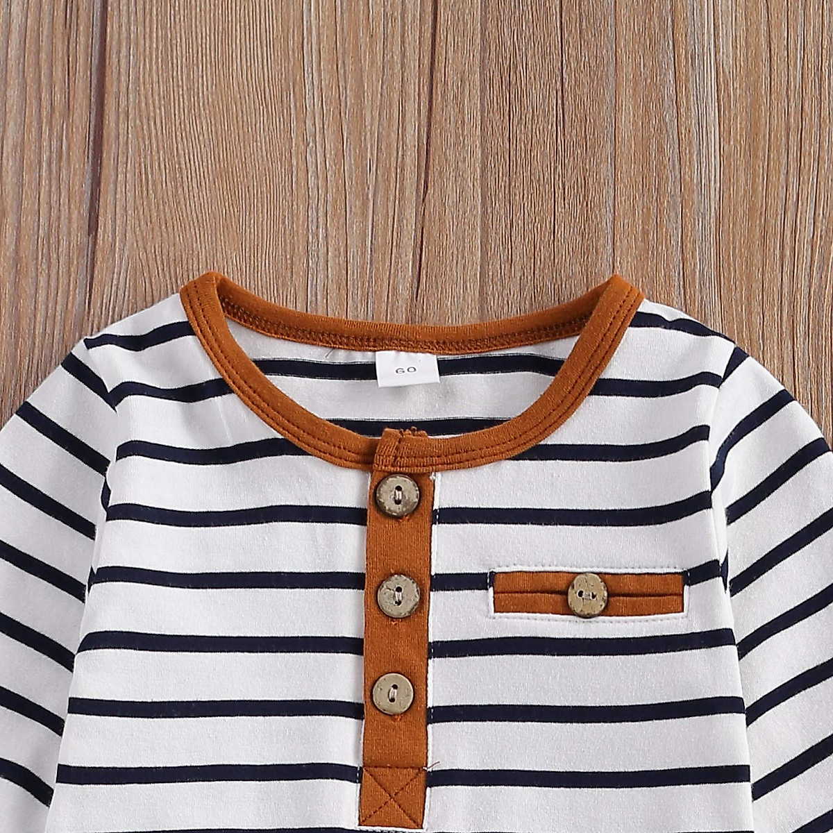 2Pcs/Set Newborn Baby Boys Outfit Long Sleeve Striped Bodysuit Romper Solid Pants Fall Winter Clothes (Khaki, 0-3 Months)