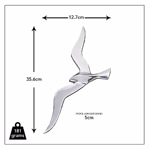 WHW Whole House Worlds Americana Flying Sea Gull Wall Sculpture, Handcrafted, Cast of Fine Silver Aluminum, 14 x 5 Inches (36 cmx 14 cm)