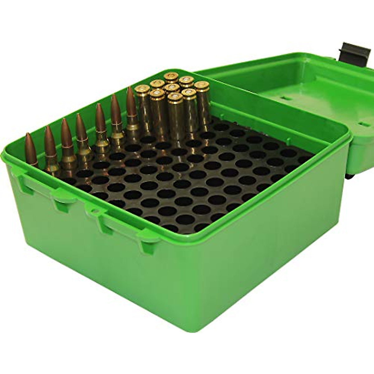 MTM R-100-10 Deluxe Ammo Box 100 Round | Fits 22-250 243 270 308 Win 30-06 | Includes Adjustable Inner Trays | Made of Polypropylene | USA Made | Green