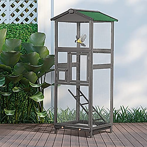 PawHut 65" Wooden Bird Cage Outdoor Aviary House for Parrot, Parakeet, with Pull Out Tray and 2 Doors, Grey