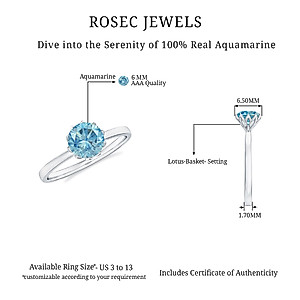 Certified 6 MM Aquamarine Round Engagement Ring for Women, AAA Quality, Natural Aquamarine Solitaire Ring, 14K Rose Gold, Size:US 8.00