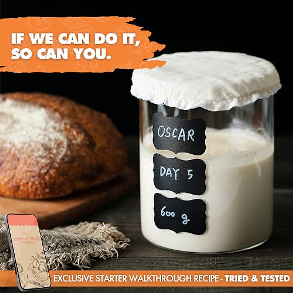Oscar's Bakery- Sourdough Starter Jar Wide Mouth- Glass Sourdough Crock with lid- 40 oz. Sourdough Starter kit with Accessories & Recipe. Sour dough Container for making Bread (Starter Not Included)