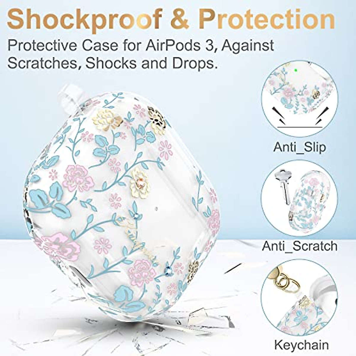 KINGXBAR Compatible with AirPods 3rd Generation Case, Cute Floral Clear Soft TPU Shockproof Protective Cover for Women Girls with Keychain for Apple AirPods 3 2021 Charging Case (Blue)