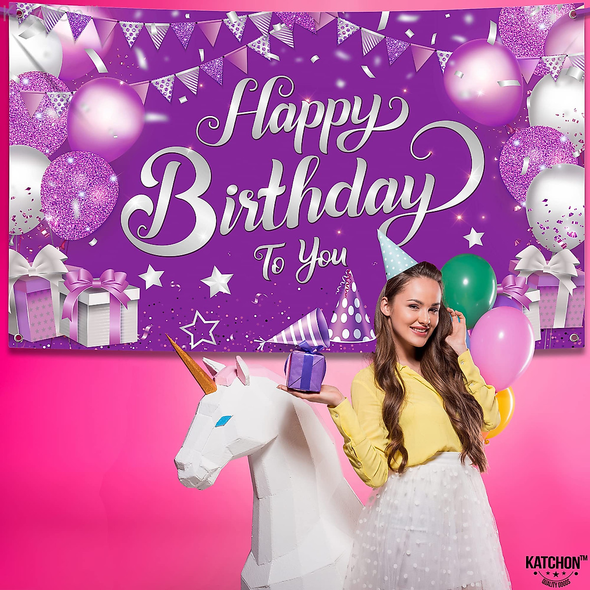 KatchOn, Purple Happy Birthday Banner - XtraLarge, 72x44 Inch | Purple Happy Birthday Banner Decor | Birthday Banner Purple for Happy Birthday Decorations | Happy Birthday Purple Banner Decorations